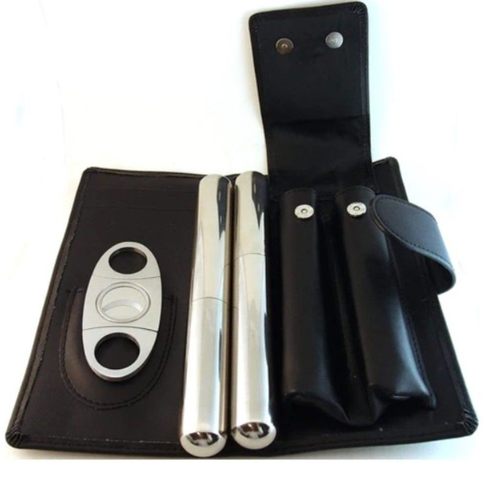 NEW Mrs. Brog Leather Cigar Gift Set Travel Case Cutt… - Gem